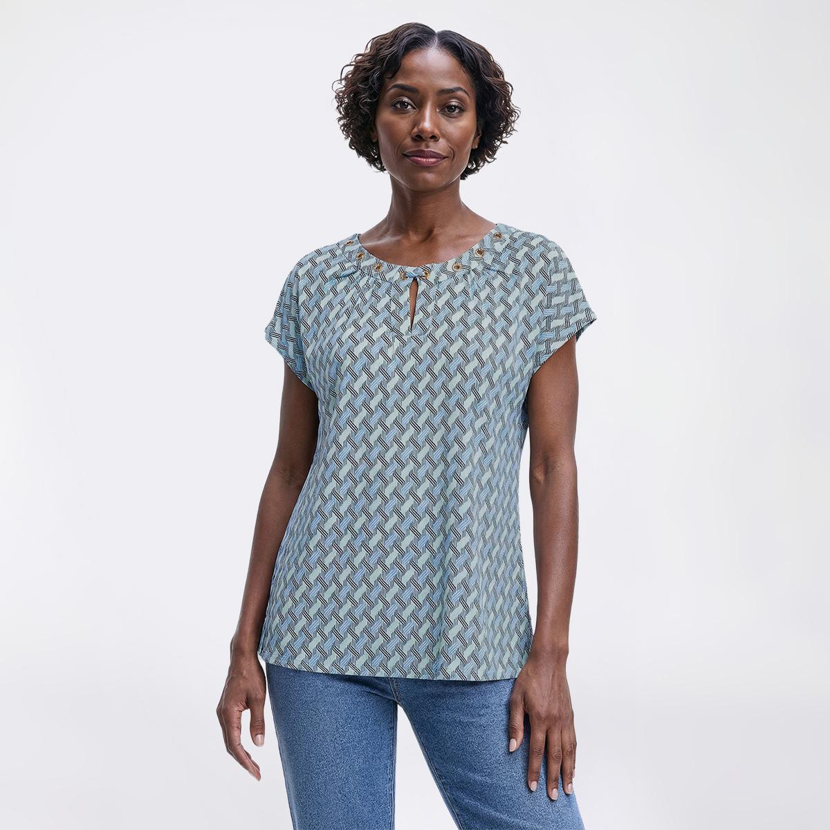 Click here for Womens Notations Short Sleeve Grommet Neck Geometr... prices
